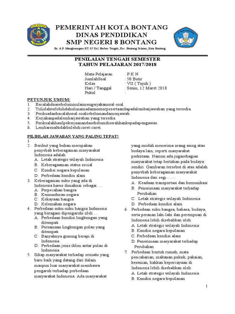 Soal Pts PPKN 7 | PDF