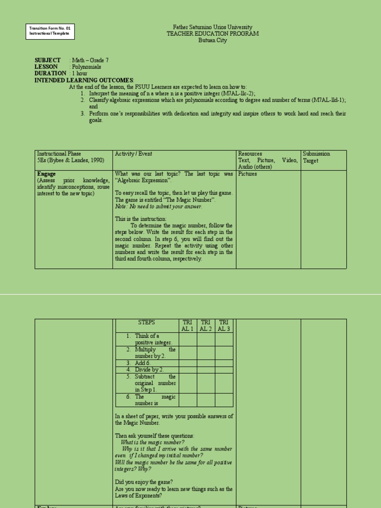 Reconstruct Lesson Plan - Polynomials - Binoya | PDF | Polynomial | Numbers