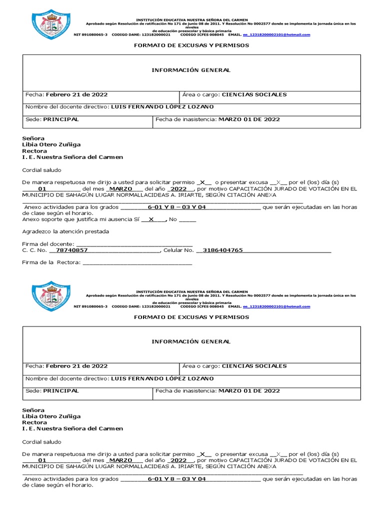 Formato de Excusas y Permiso 2022 | PDF