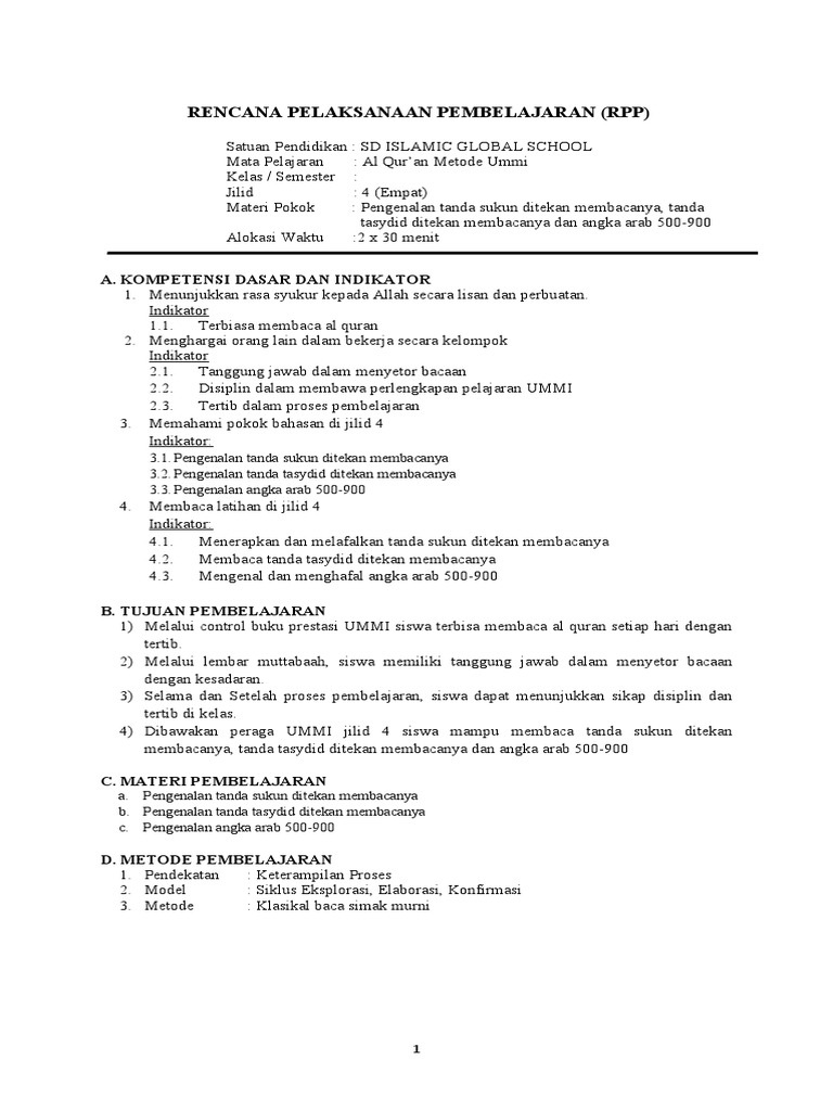 RPP Metode Ummi Jilid 4 | PDF