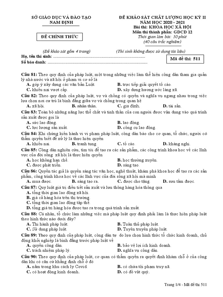 511 GDCD 12 Chinh Thuc | PDF