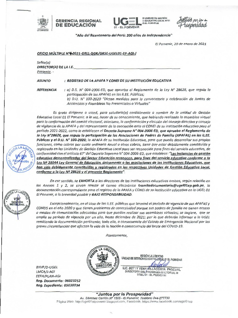 Oficio Multiple 001 2021 Apafas Coneis | PDF | Perú