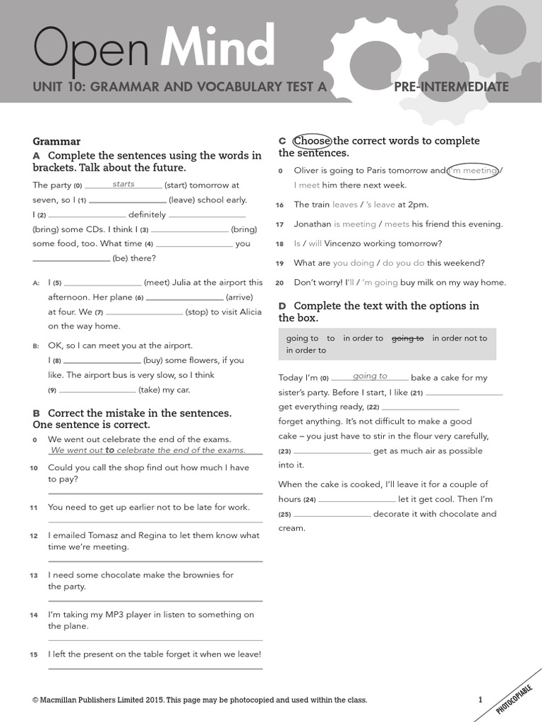 Open Mind Pre-Intermediate Unit 10 Grammar and Vocabulary Test A | PDF