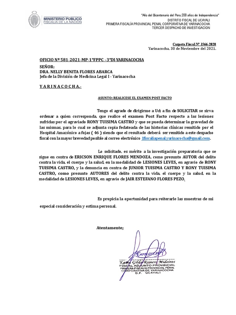 Oficio #581 - DML - 1566-2020 Realice Examen Post Facto | PDF