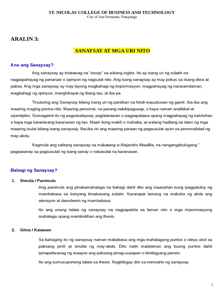 Aralin 3 SANAYSAY | PDF