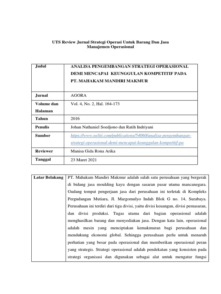 161 UTS Review Jurnal Manajemen Operasio | PDF