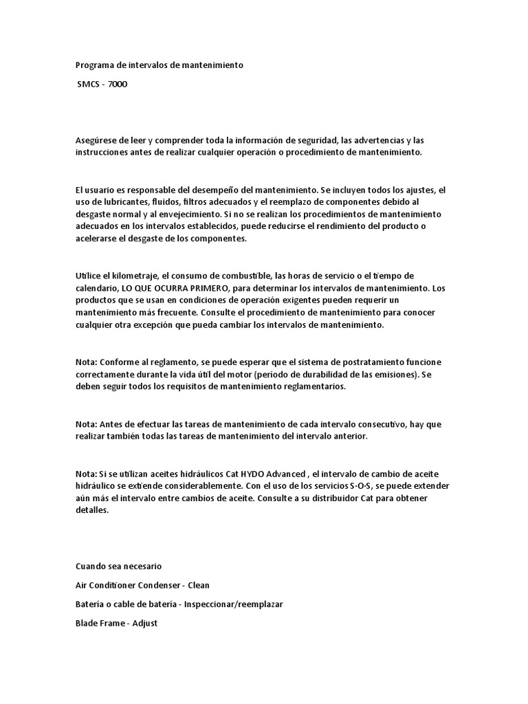 Programa de Intervalos de Mantenimiento para Mini Cargador Caterpillar ...