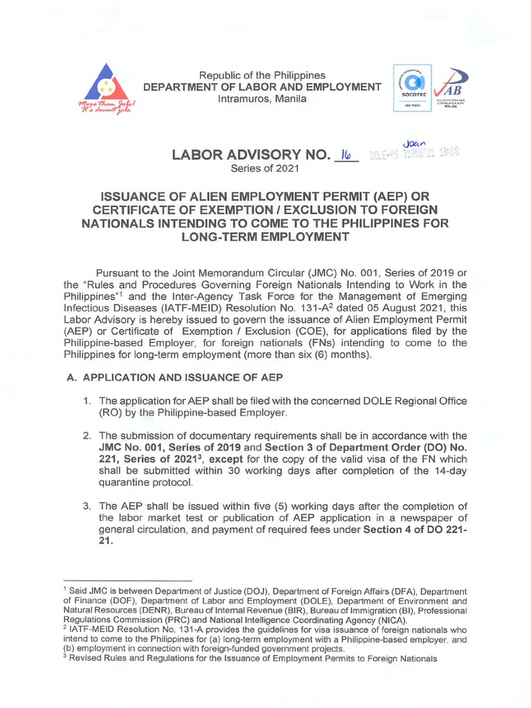 (DOLE) LA 16-21 Re Issuance of AEP or Certificate of Exemption Exclusion To Foreign Nationals ...