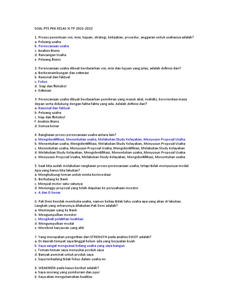 Soal PTS PKK Kelas Xi TP 2021 | PDF
