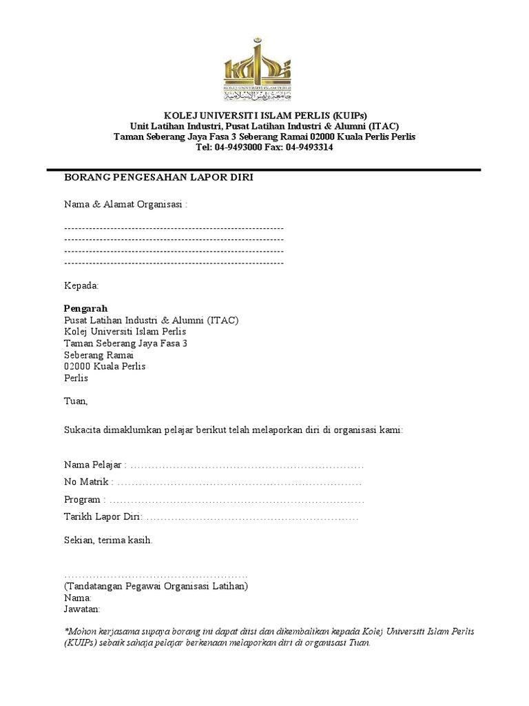Borang Pengesahan Lapor Diri Di Organisasi | PDF