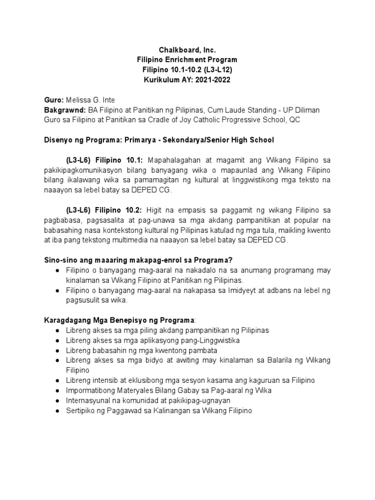 Filipino Enrichment Program | PDF