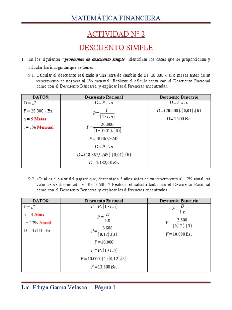 1 Ejercicios Resueltos de Descuento Simple | PDF | Enseñanza de ...