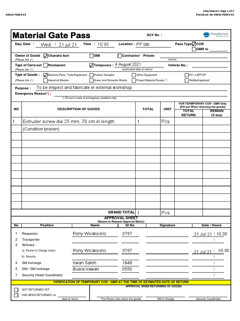 Form Material Gate Pass (00000002) Extruder Screw | PDF | Computing ...