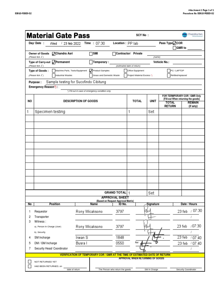 Form Material Gate Pass Sucofindo | PDF | Computing