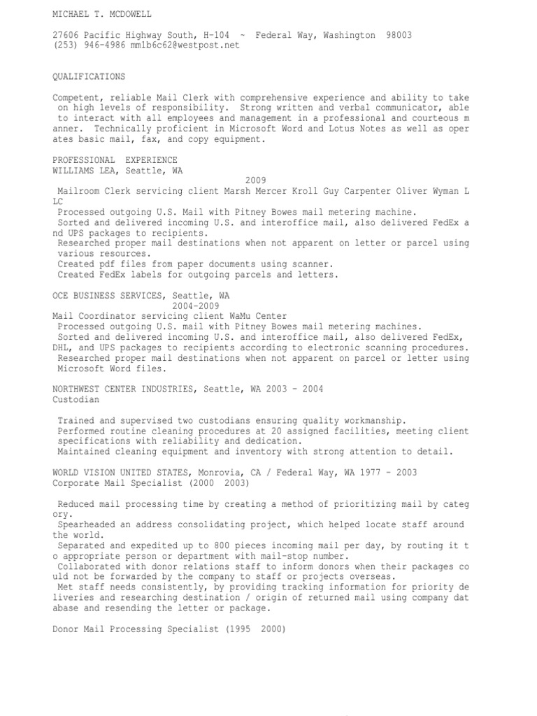 Mailroom Clerk or Custodian or Janitor or Courier | PDF | United States ...