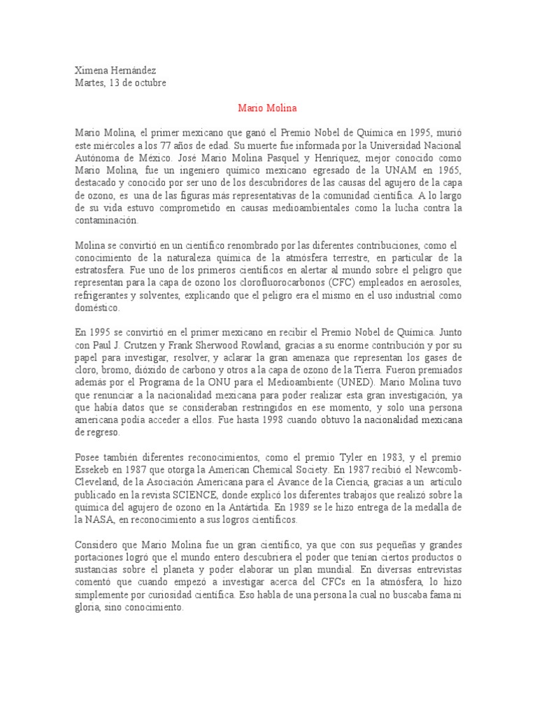 Mario Molina Ensayo | PDF | Clorofluorocarbono | Ozono