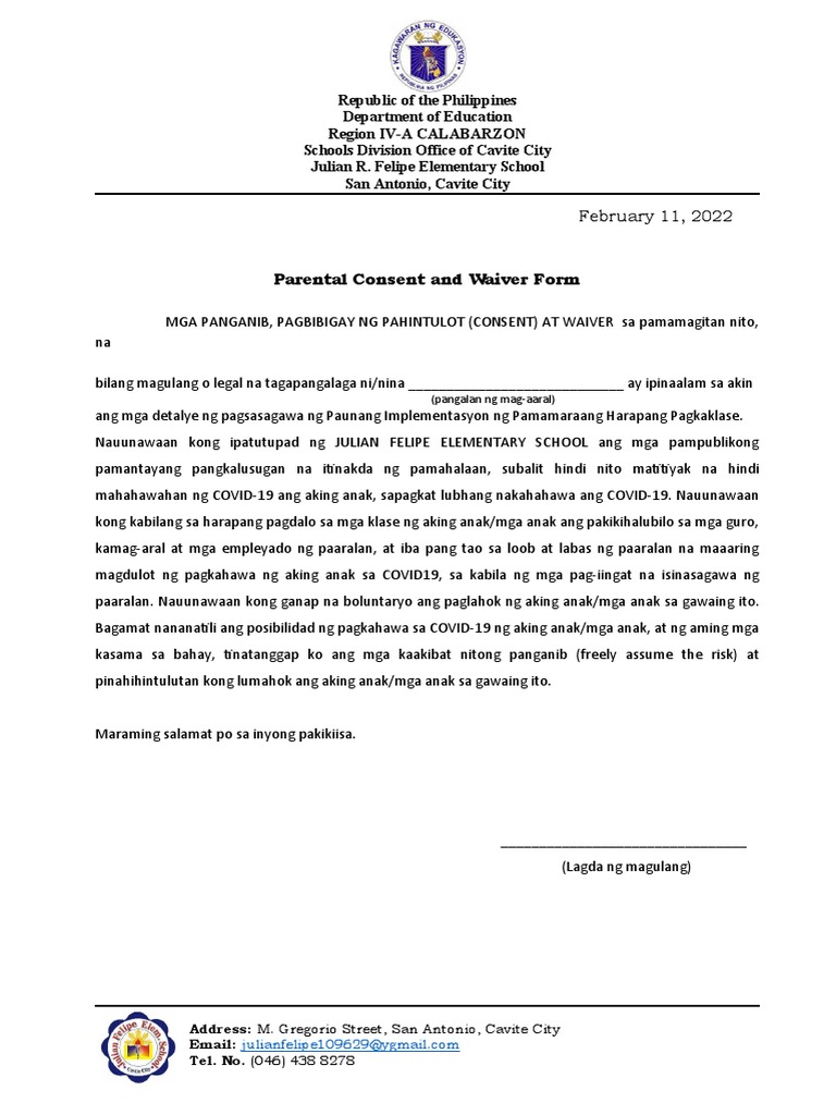 Parental Consent and Waiver Form For FTF Classes Tagalog | PDF