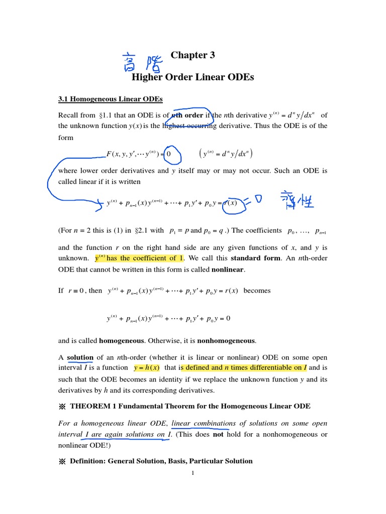 Chapter 03 Higher Order Linear ODEs | PDF | Ordinary Differential ...