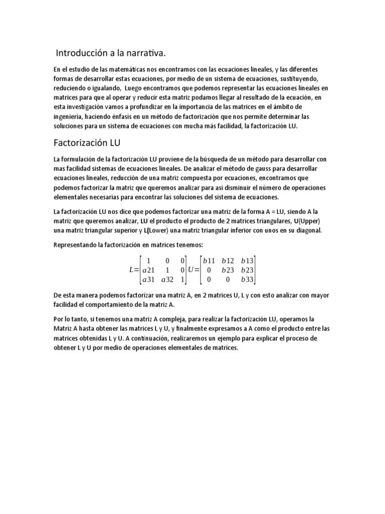 Factorización LU | PDF | Matriz (Matemáticas) | Análisis numérico