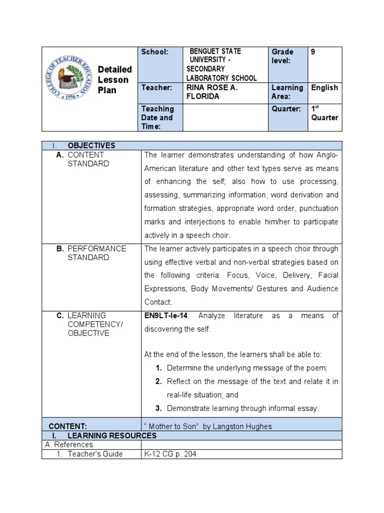Grade 9 English Lesson Plan: "Mother to Son" | PDF | Learning | Teachers