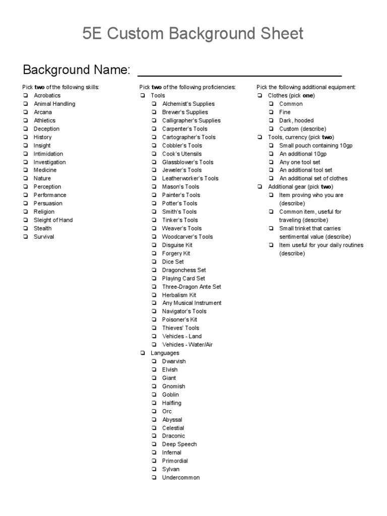 5E Custom Background Sheet | PDF