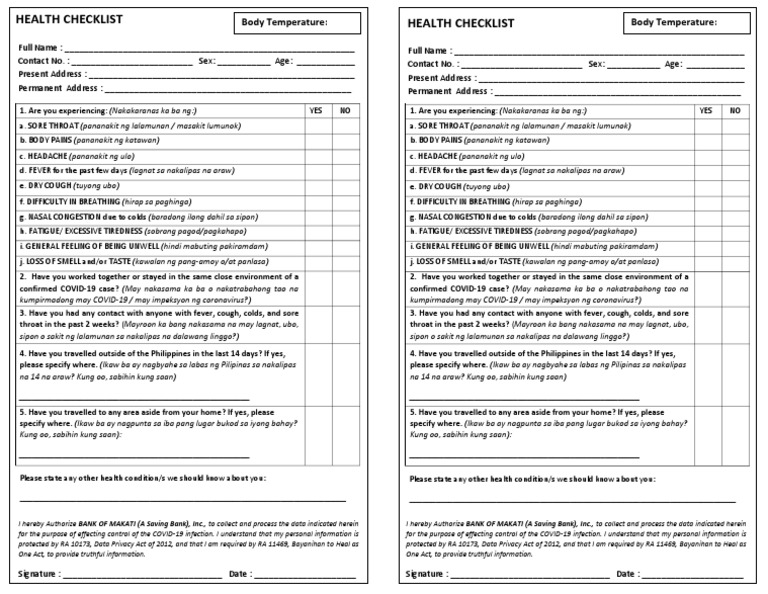 Daily Health Checklist For Applicants | PDF | Common Cold | Symptoms ...
