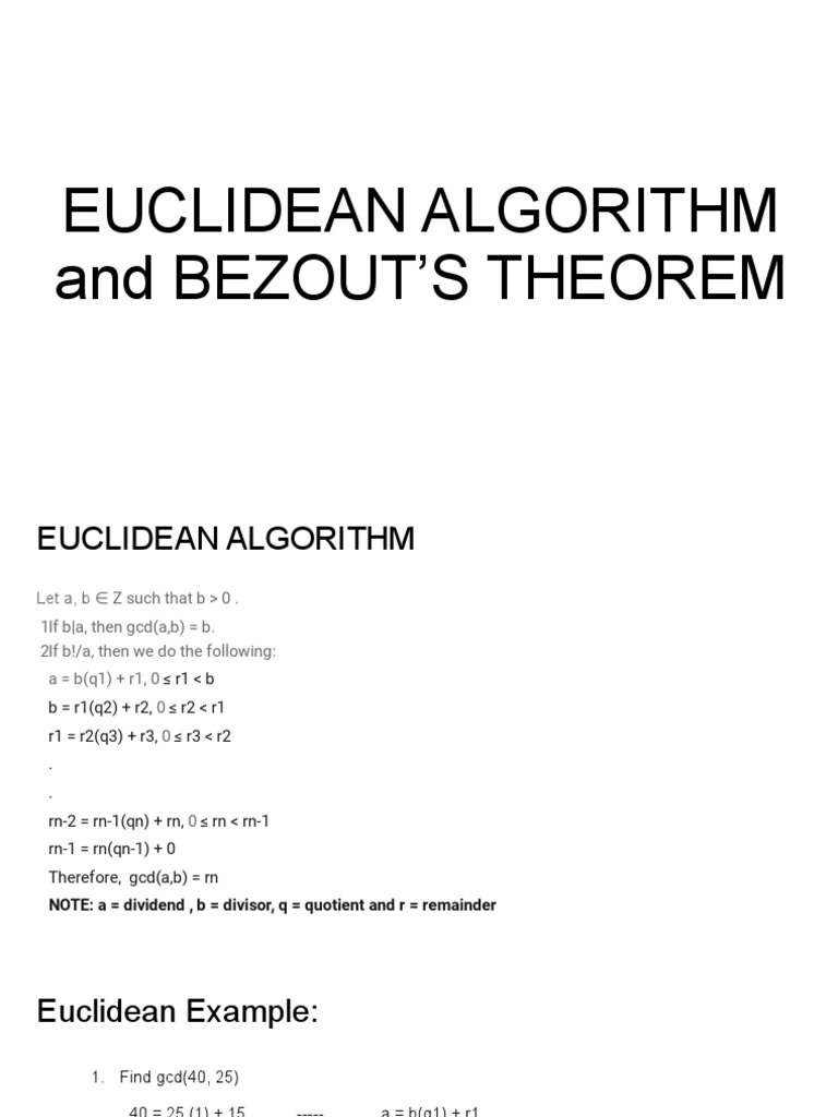 Euclidean Algorithm Bezout S Theorem Lde Pdf Equations Mathematics