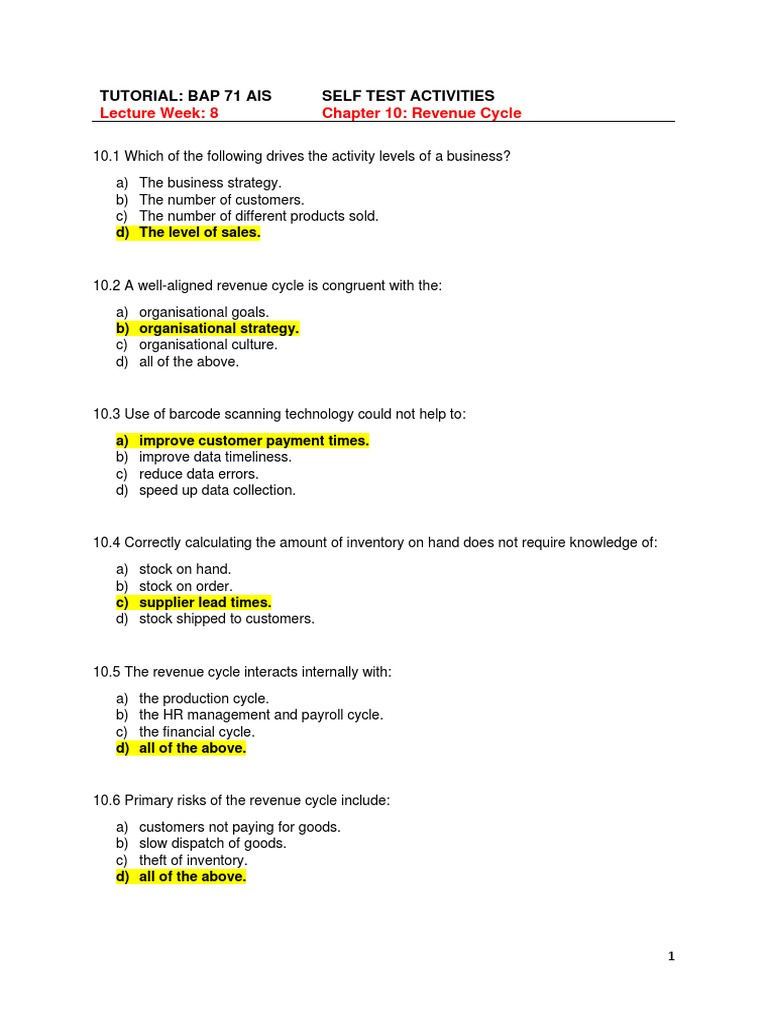 Revenue Cycle Management Quiz Answers | PDF | Inventory | Credit Score