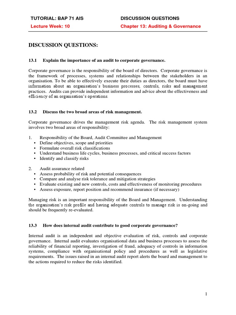 Discussion Questions:: Lecture Week: 10 Chapter 13: Auditing ...