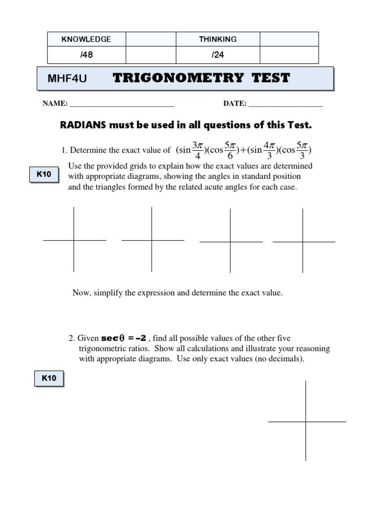 Trigonometry Test: Mhf4U | PDF | Trigonometry | Trigonometric Functions
