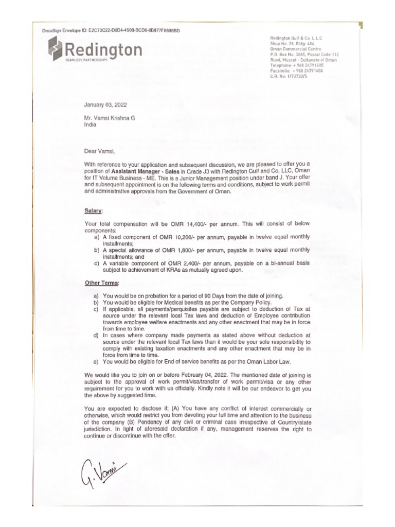 Offer Letter - AM - Oman | PDF