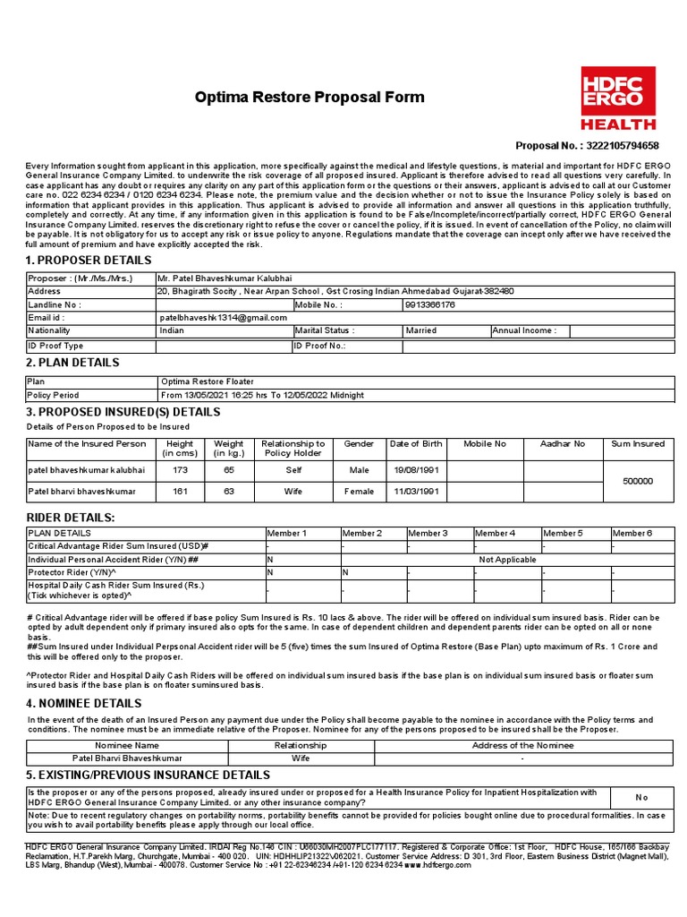 Optima Restore Proposal Form: 1. Proposer Details | PDF | Insurance ...