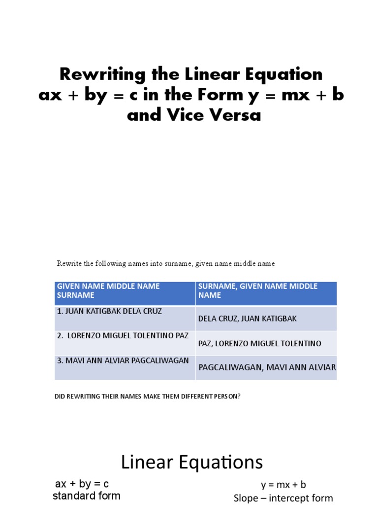 Rewriting The Linear Equation Ax + by C in The Form y MX + B and Vice ...