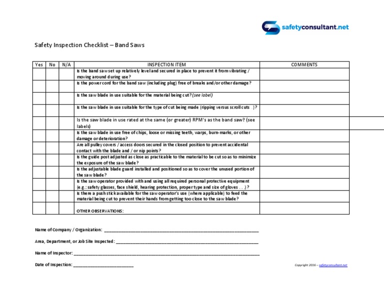 Safety Inspection Checklist Band Saws | PDF