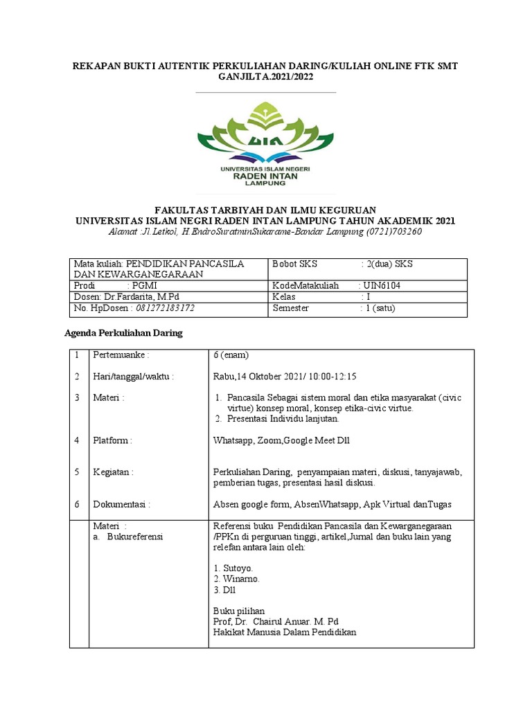 Laporan Kuliah Pertemuan 6 Ppkn. I. 2021 | PDF