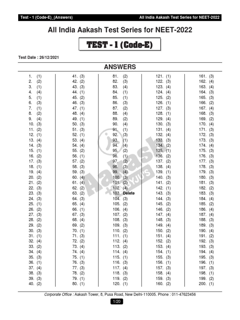 All India Aakash Test Series For NEET-2022: Answers | PDF | Electron ...