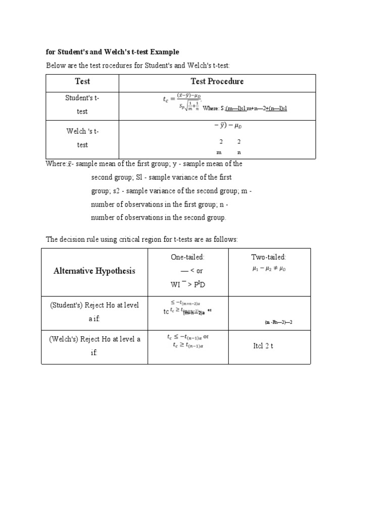For Student's and Welch's T-Test Example | PDF
