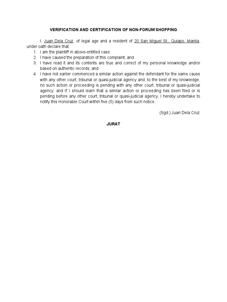 Form No. 18 COMBINED VERIFICATION WITH CERTIFICATION OF NON-FORUM ...