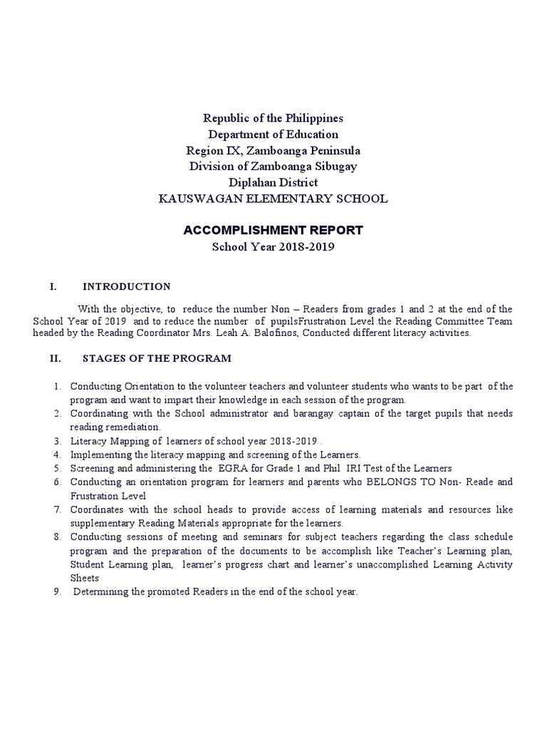 Reading Accomplishment Report 2018 | Download Free PDF | Teachers ...