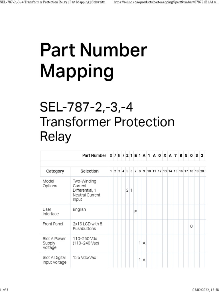 Part Number Mapping: SEL-787-2,-3,-4 Transformer Protection Relay ...