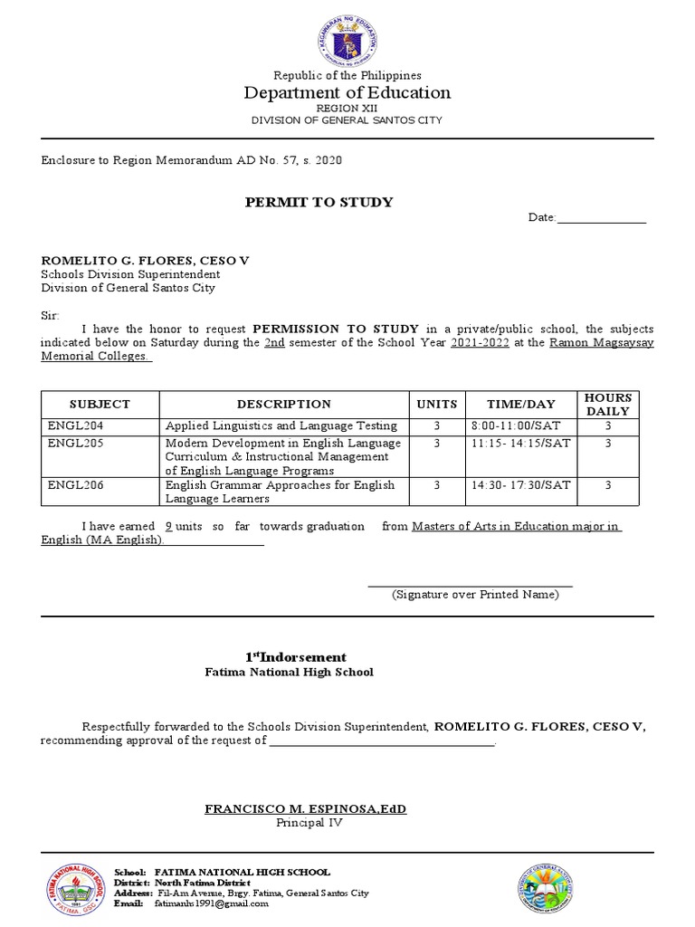 Permit to Study Request - Fatima HS | PDF | Linguistics | Human ...