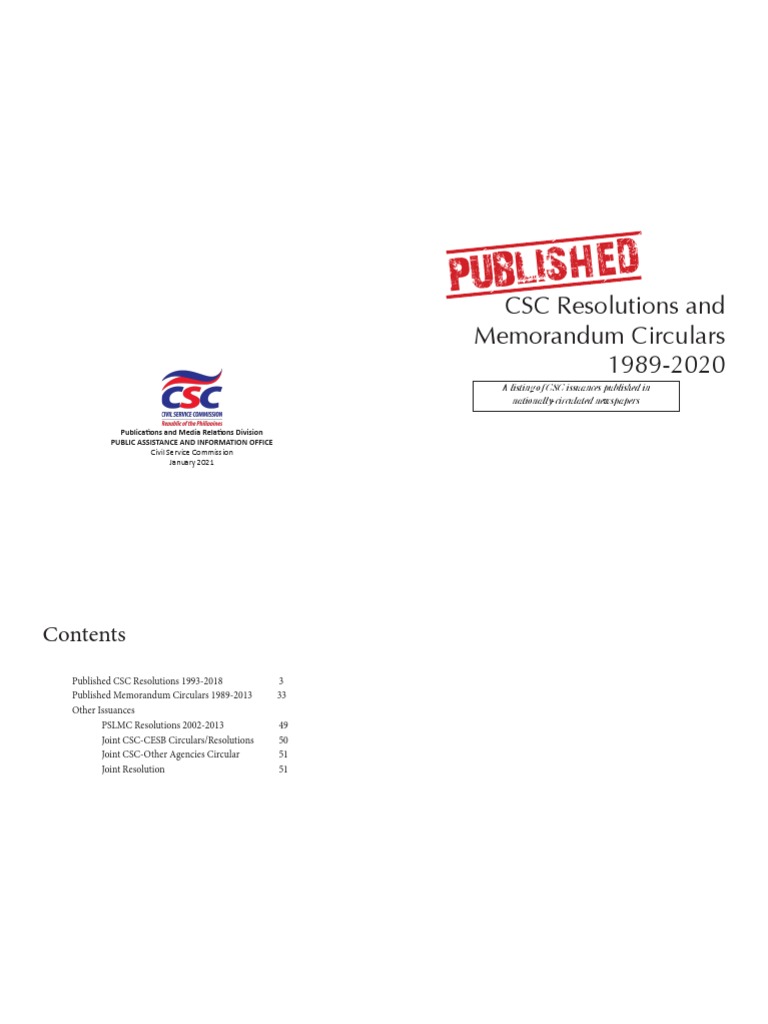 Published CSC Resolutions and Memorandum Circulars (1989-2020) | PDF ...
