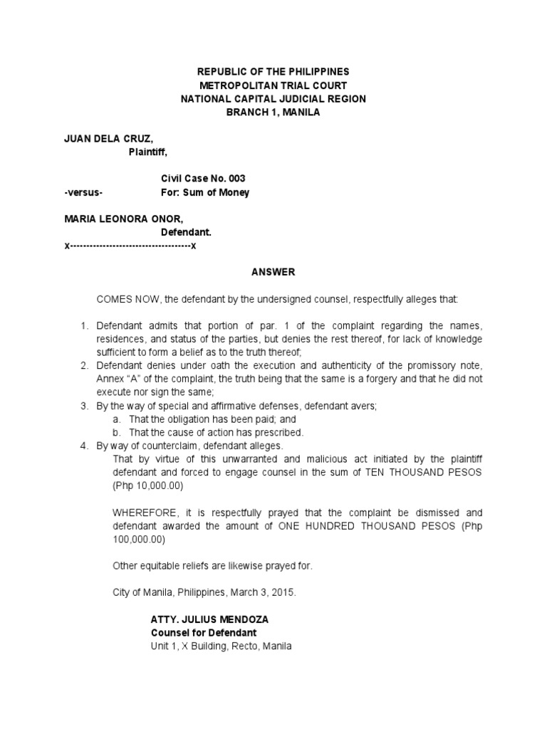 Form No. 22 ANSWER WITH THE NEGATIVE AND AFFIRMATIVE DEFENSES ...