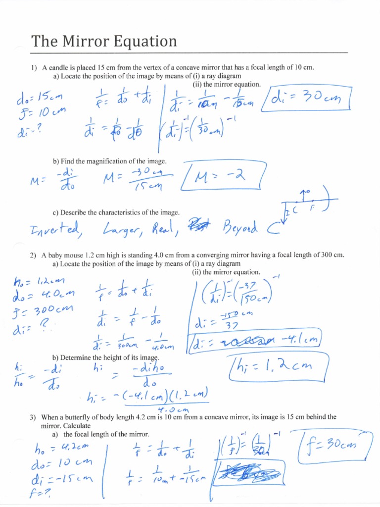 Mirror Equation Worksheet Key | PDF | Components | Equipment