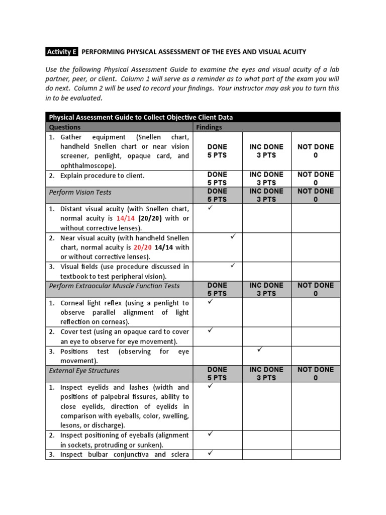 Score Physical Assessment Guide EYES and VISUAL ACUITY | PDF | Visual ...