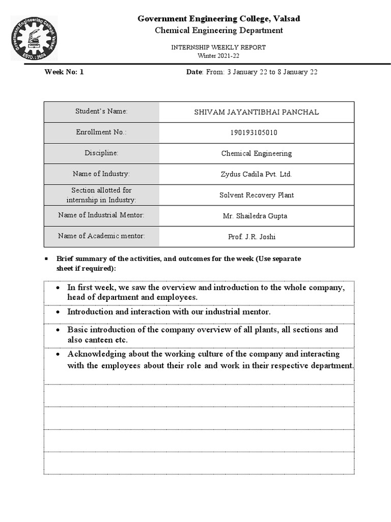 Weekly Diary (Week - 1-8) | PDF | Chemical Engineering | Internship
