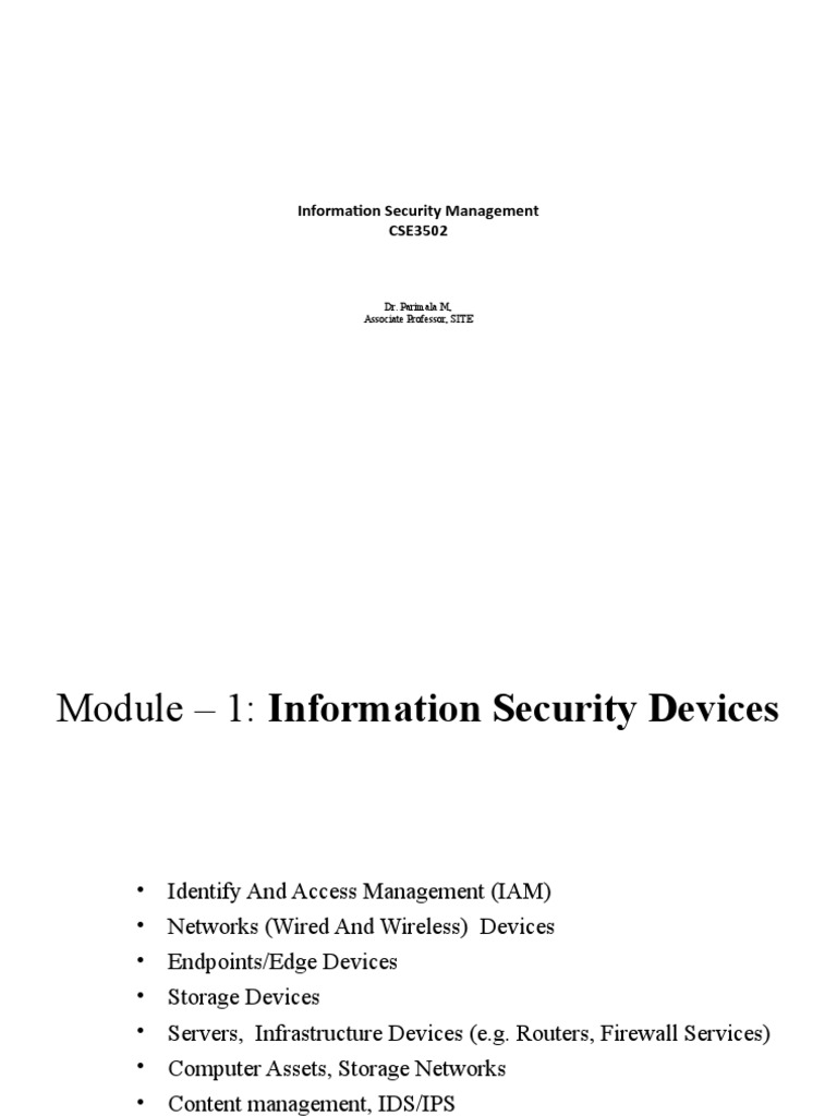 Information Security Management CSE3502: Dr. Parimala M, Associate Professor, SITE | PDF ...