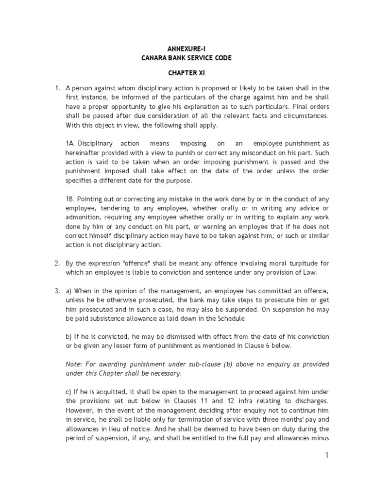 Annexure-I Canara Bank Service Code: Under This Chapter Shall Be ...