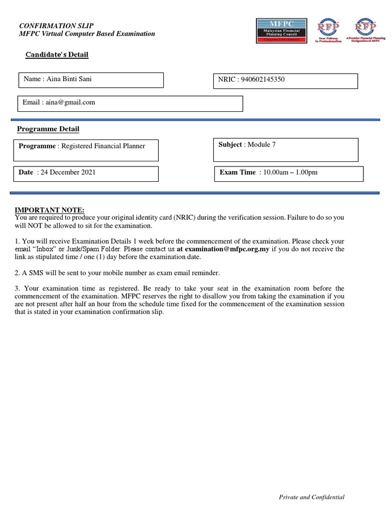 MFPC Confirmation Slip (Sample) | PDF