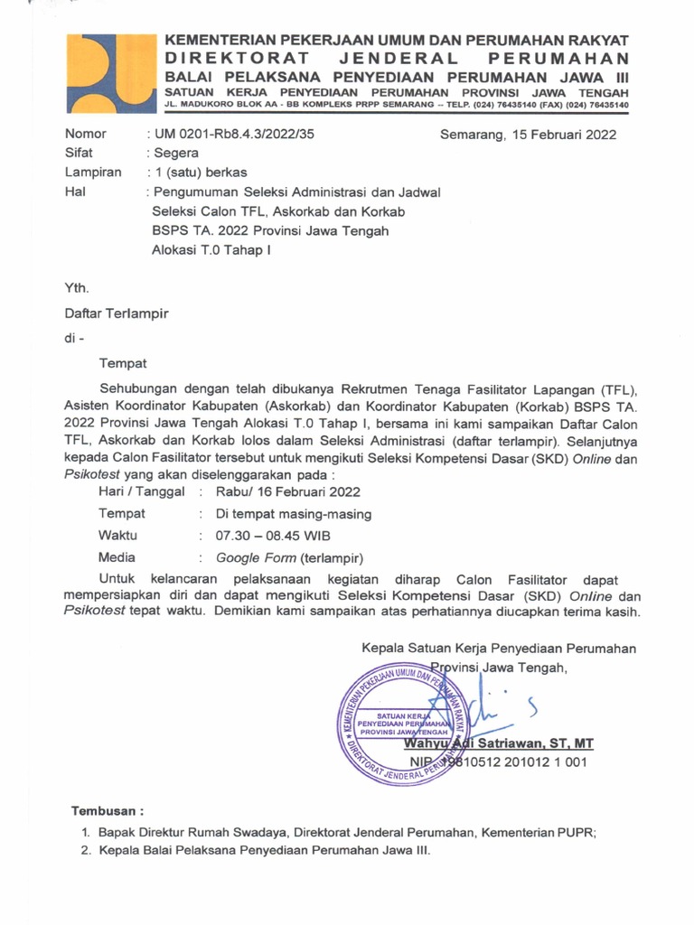 Pengumuman Seleksi Administrasi Rekrutment BSPS JTG THP 1 2022 | PDF